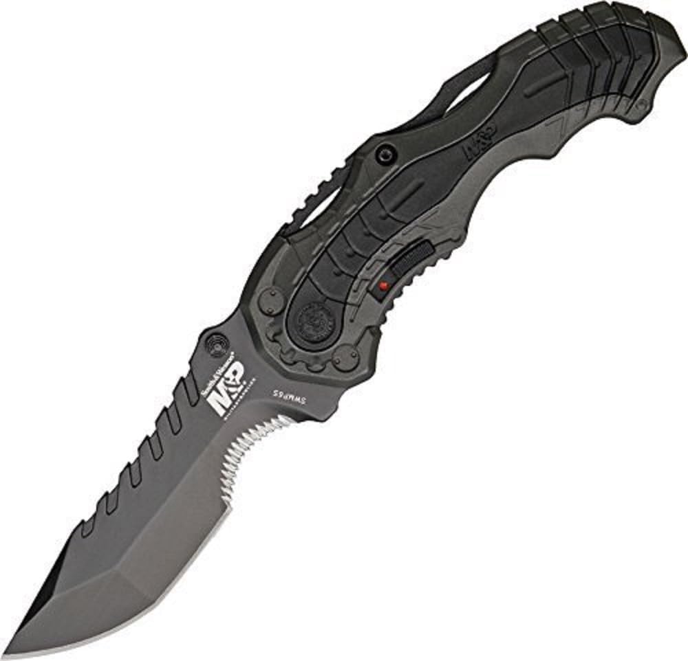 Smith & Wesson SWMP6S 7.7in High Carbon S.S. Assisted Folding Knife with 3.4in Serrated Clip Point Blade and Aluminum Handle for Tactical, Survival and EDC,Black