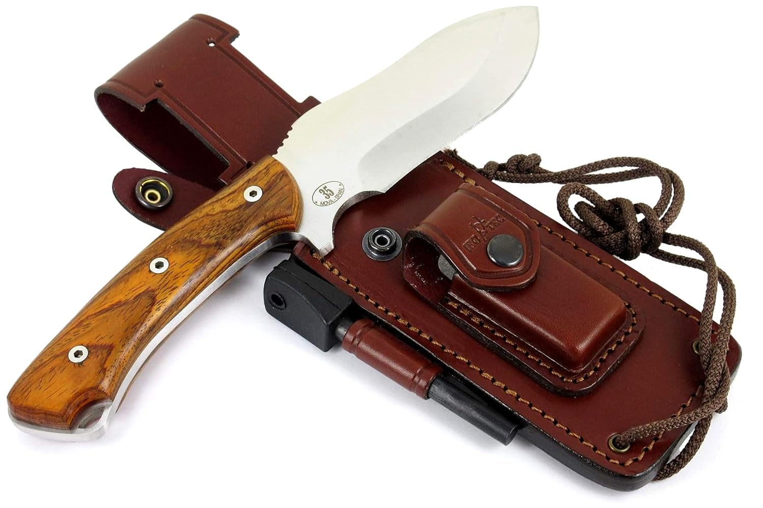 JEO-TEC Nº35 Bushcraft Survival Hunting Camping Fixed Blade Knife, MOVA-58, 10'' Overall, Genuine Leather Multi-Position Sheath + Firesteel + Sharpener Stone, Handmade