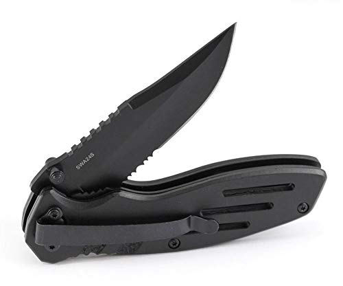Smith & Wesson Extreme Ops SWA24S 7.1in S.S. Folding Knife with 3.1in Serrated Clip Point Blade and Aluminum Handle for Outdoor, Tactical, Survival and EDC,Black