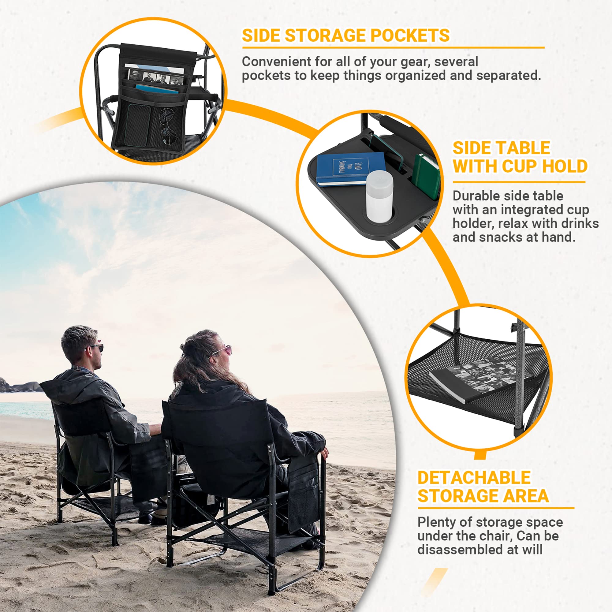 KingCamp Premium Extra Heavy Duty Wide Camping Directors Chairs Supports 300lbs for Adults, Padded Folding Portable Camping Chair with Side Table Storage Pockets Carry Straps, Black