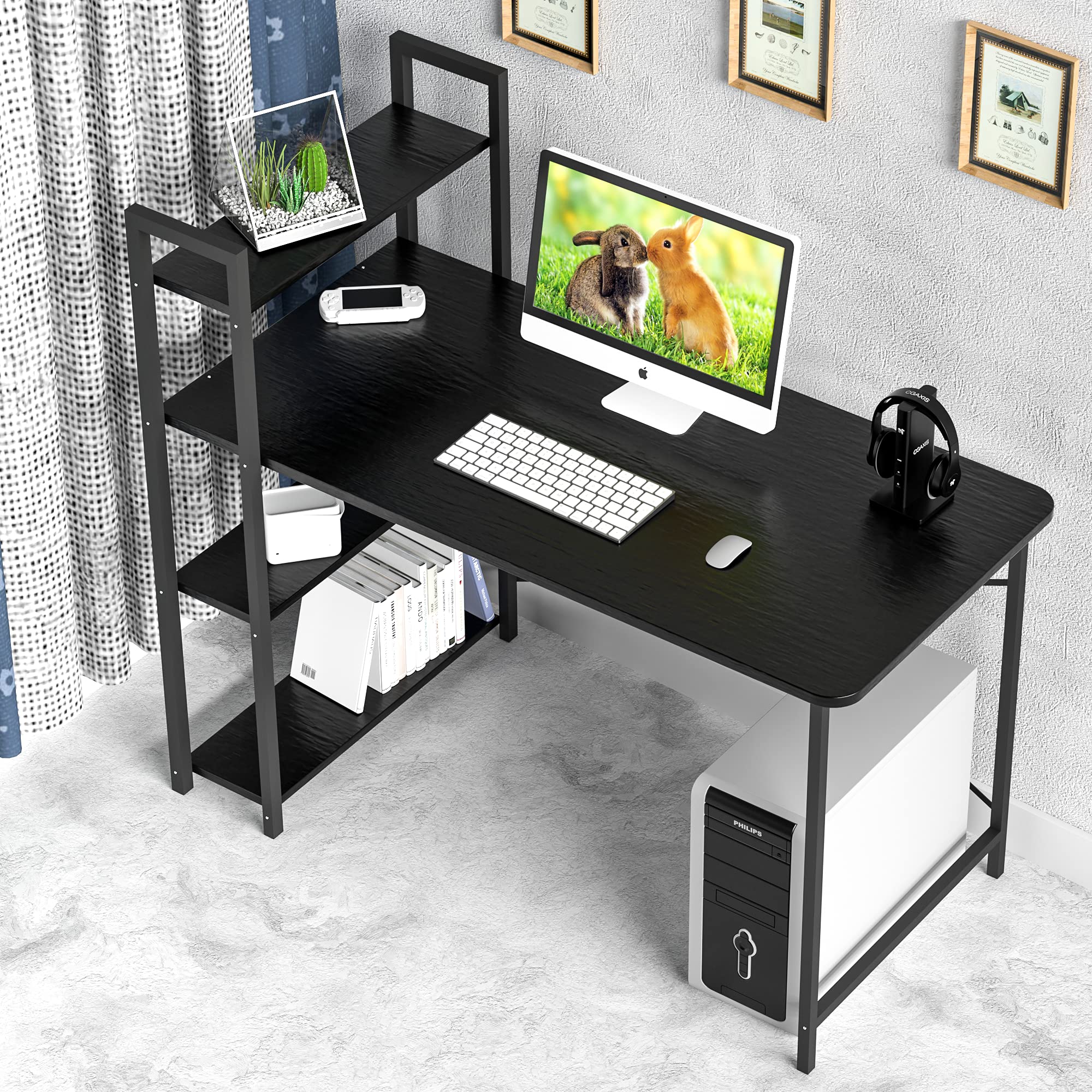 JAJUMUDO Computer Desk with Shelves,47" Writing Study Desk with Bookshelf for Home Office,Laptop PC Workstation,Stable Metal Frame,Black