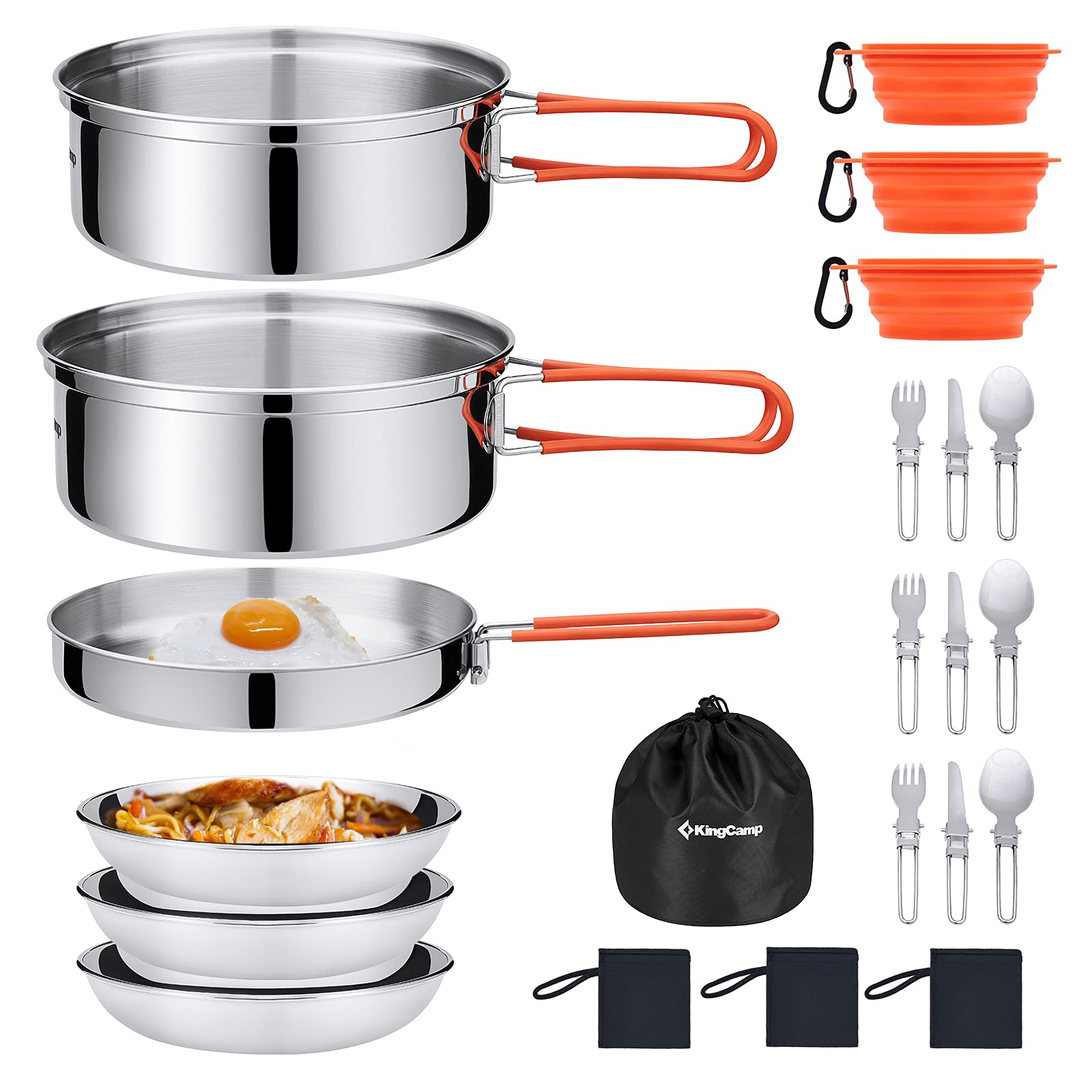 KingCamp 17 PCS Stainless Steel Camping Cookware Mess Kit Lightweight Compact Backpacking Cooking Set for Outdoor Picnic Hiking includes Pot Pan Bowls Plates Knife Spoon Fork 2 Persons