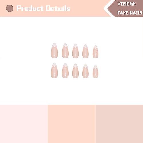 YOSOMK French Tip Press on Nails Almond Medium Fake Nails with Chrome Designs Glossy Nude False Nails Mirror Glue on Acrylic Nails for Women