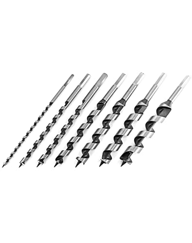 QWORK Auger Drill Bit Set, 7 Piece Set 9" Auger Bit Set Hardened Alloy Steel Ship Auger Bit Creates Deep Clean Hole Precise Drilling for Wood Drilling 1/4", 3/8", 1/2", 5/8", 3/4", 7/8",1"