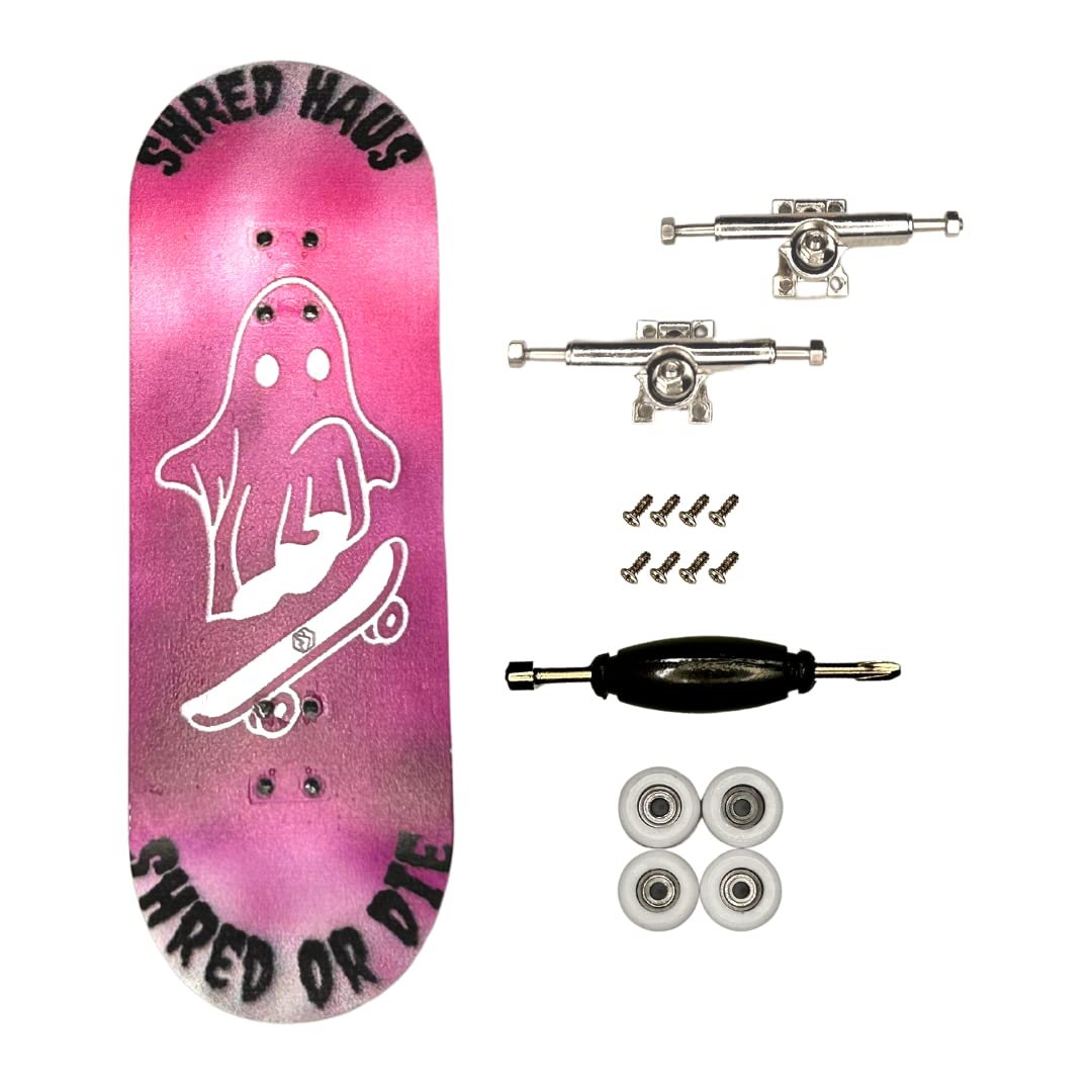 Shred Haus Complete Fingerboard - Ghost | Professional Board Shape and Size - 32mm x 98mm | Bearings, Wheels, Trucks, Lock Nuts | Wooden Board, Pro Series Finger Board, Finger Skateboards