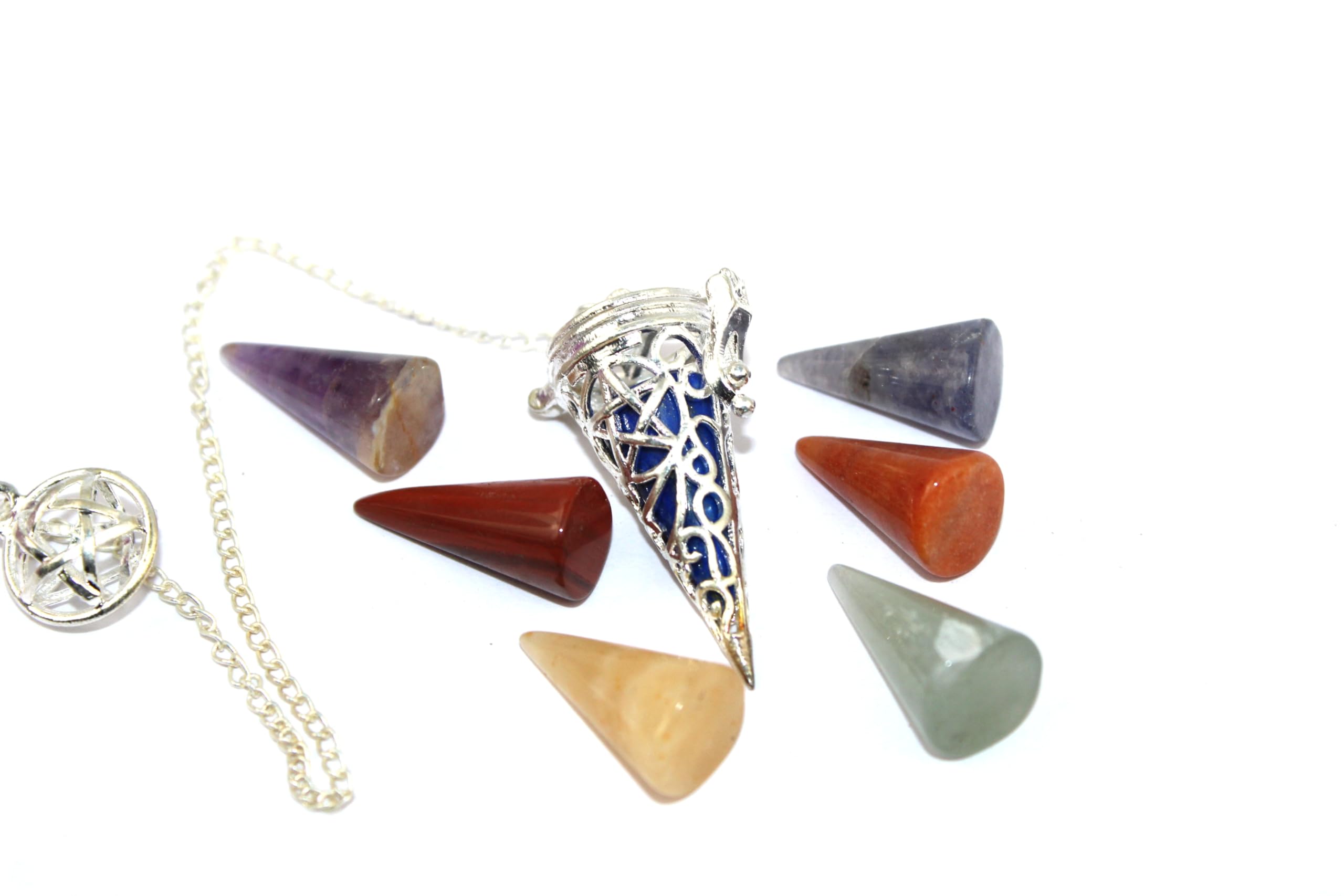 Jet International Jet Chakra Cage Pendulum 2" Free Booklet Crystal Therapy Interchangeable Chakra Cone Silver w/Pouch Divination Wicca Yes/No Pagan (Pentacle Star)