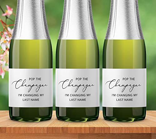 POP the Champagne I’m Changing My Last Name Labels ● SET of 12 ● Bachelorette Party Bridal Shower Bride Squad Mini Champagne Bottle Labels Wine Label Alternative to cards shirts (Minimalist)