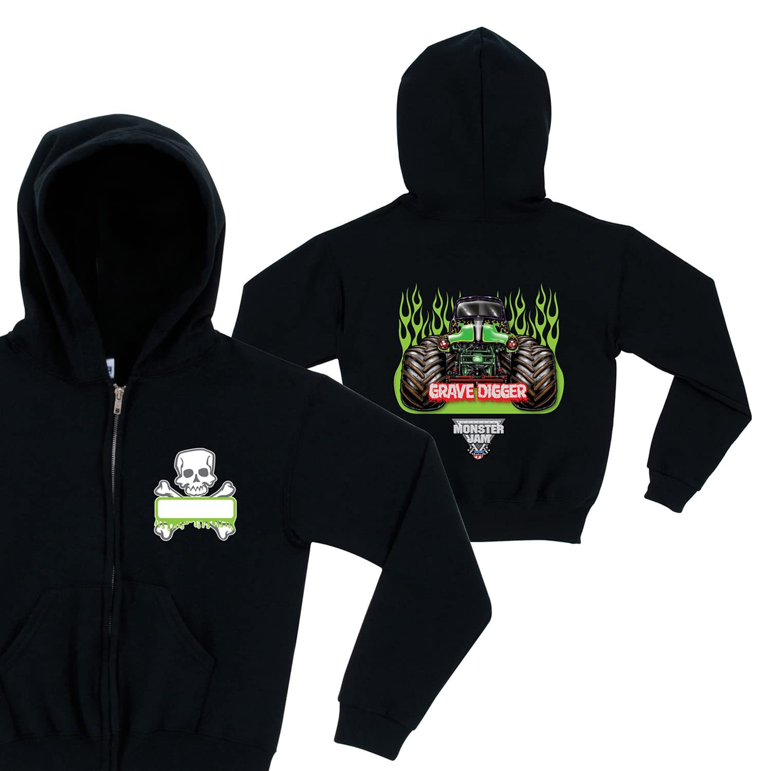Monster Jam Grave Digger's Crossbones Black Personalized Zip-Up Hoodie with Custom Name Printed | Toddler 5/6T
