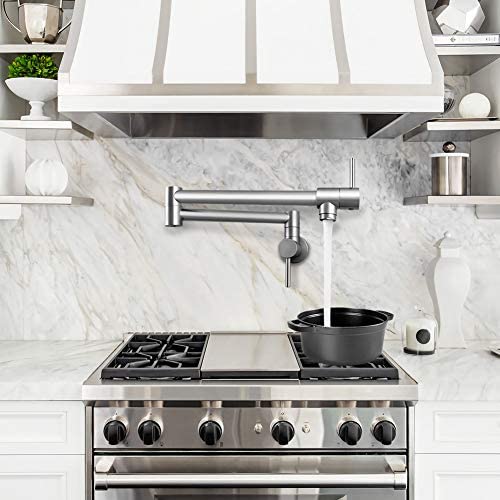 QWORK Stainless Steel Wall Mount Pot Filler Faucet - 1/2"-14 NPT Thread, Commercial Kitchen Sink Faucet with Foldable Stretchable Double Handles and Single Hole Configuration