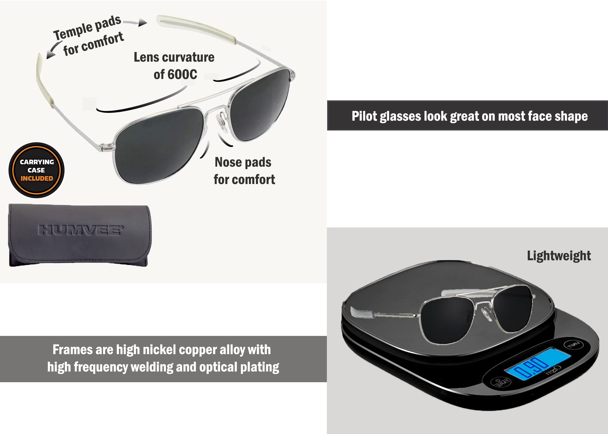 Humvee CampCo Pilot Sunglasses - Polarized Aviator Sunglasses Bayonette, 57mm, Matte Silver Frame, Gray Polarized Lens