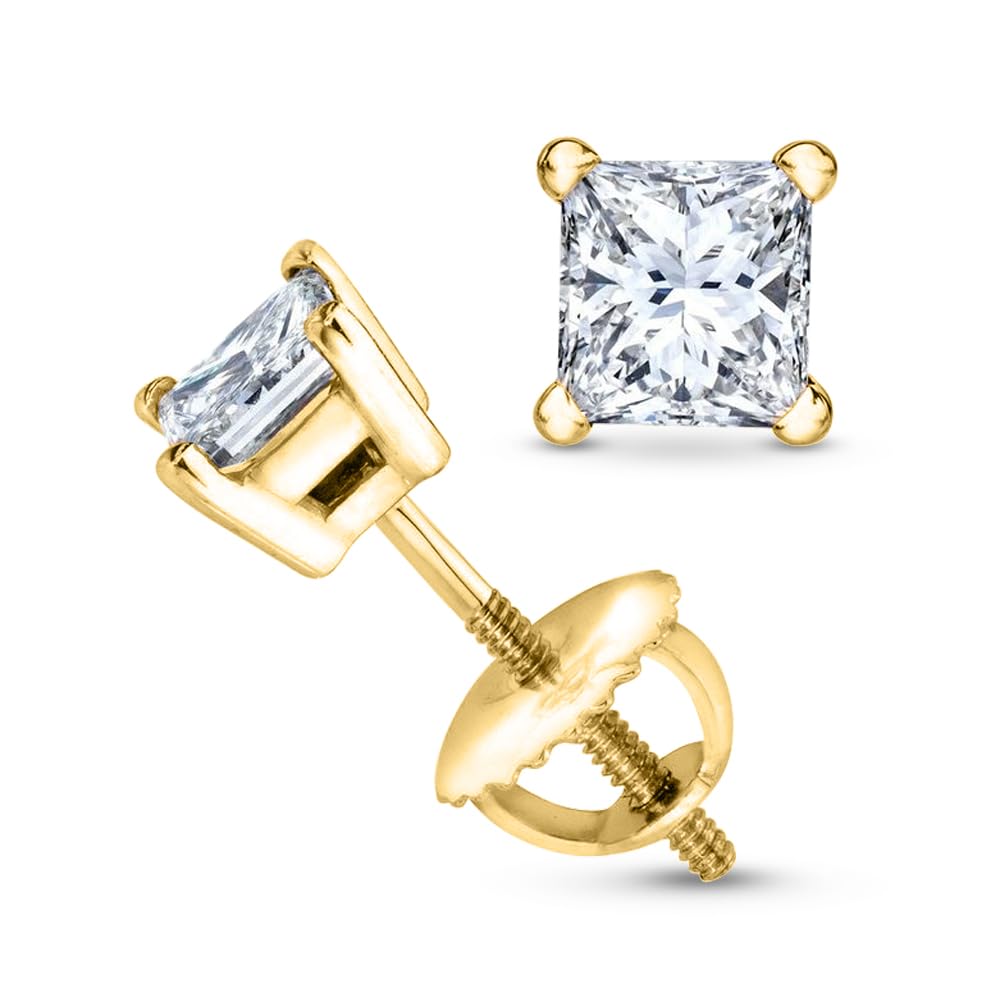 Houston Diamond District Near 1 Carat 14K Yellow Gold Solitaire Diamond Stud Earrings Princess Cut 4 Prong Screw Back (J-K Color, I1 Clarity)