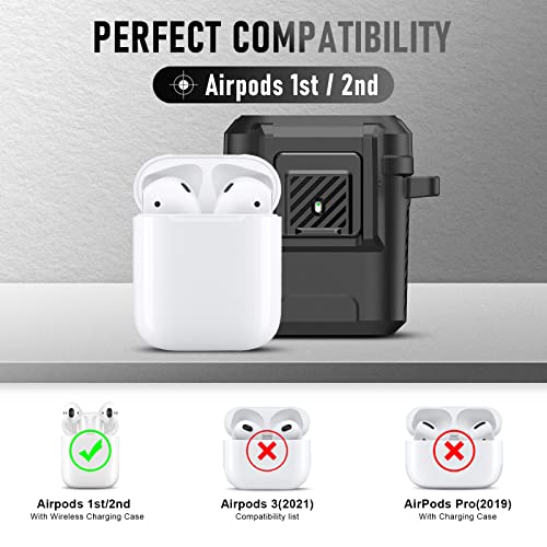 Youtec Compatible with Airpods 2&1 Case Cover with Cleaner Kit, Military Hard Shockproof Airpods Case Cover Protective Case with Automatic Secure Lock & Keychain(10 in 1) (Black-1)