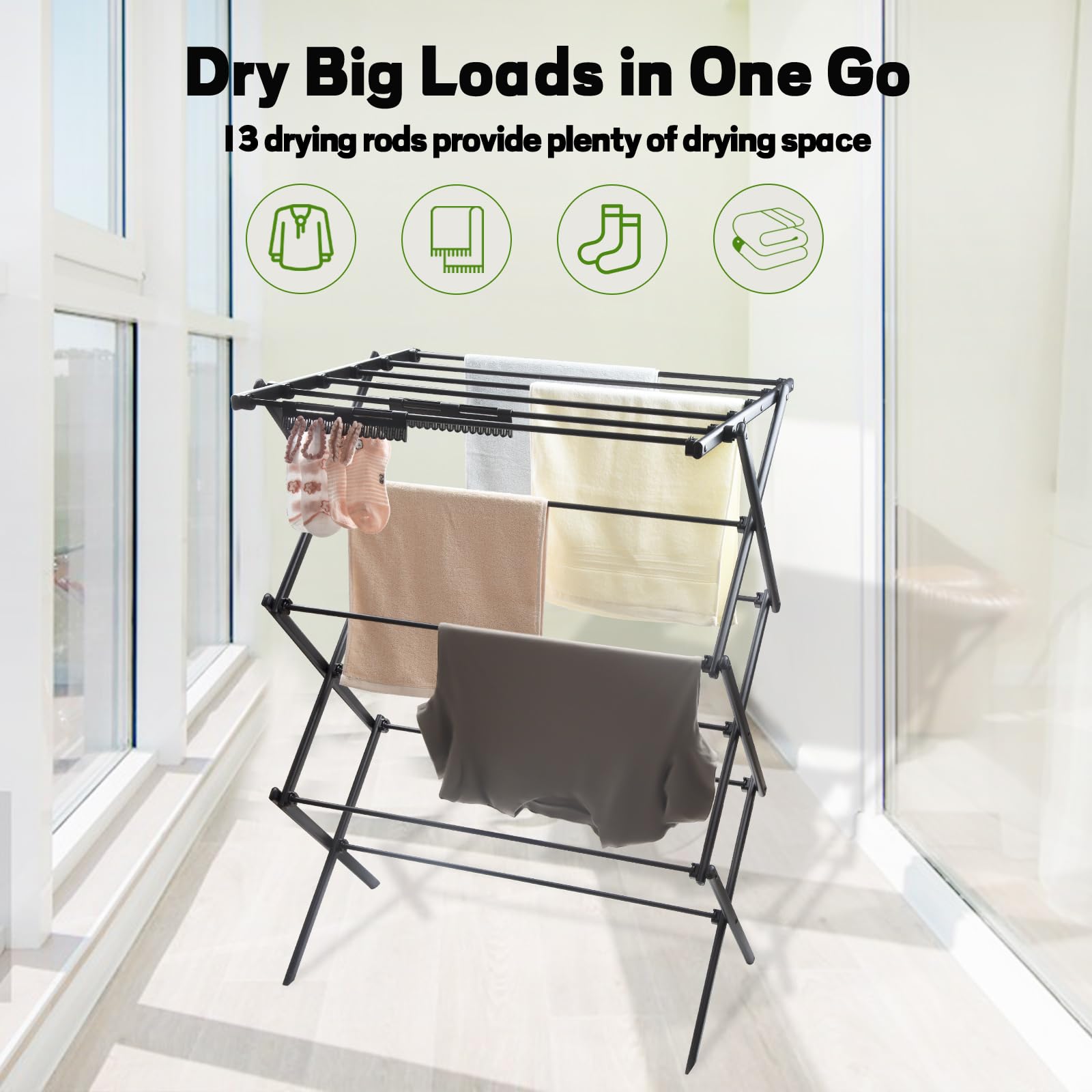 YUBELLES 3 Tiers Foldable Clothes Drying Rack, Vertical Laundry Rack Portable and Collapsible for Storage Indoor Outdoor,Pure Black