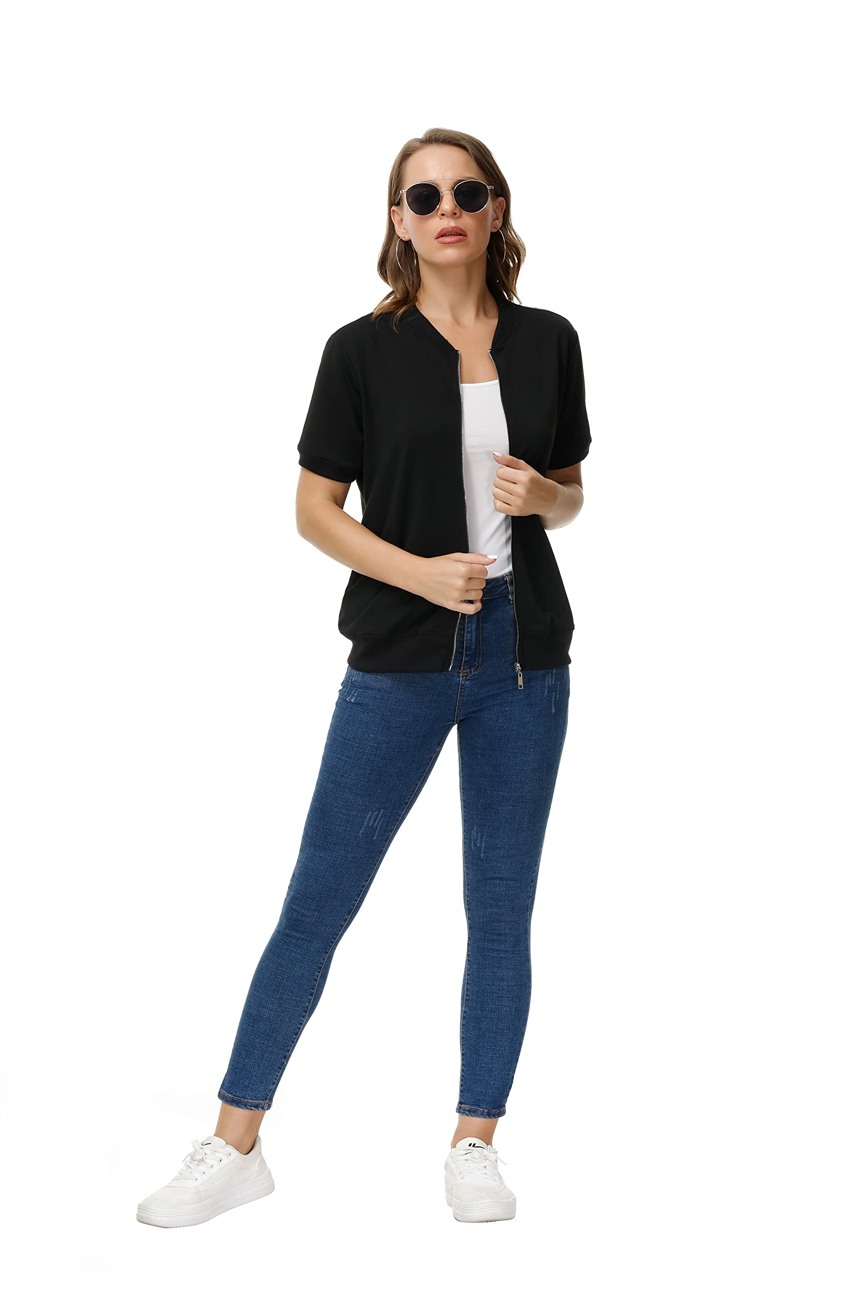 KANCY KOLE Sweatshirt for Women Zip Up Pullover Shirt Lightweight Short Sleeve Jackets with Pockets(XL,Black)