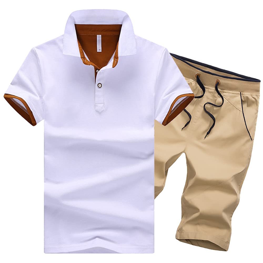 Masbono Sports Suit Men's Pure Cotton Short-sleeved Lapel Polo Shirt & Summer Casual Solid Color Fifth Pants Two-piece Set (White&Brown&Khaki, Large)