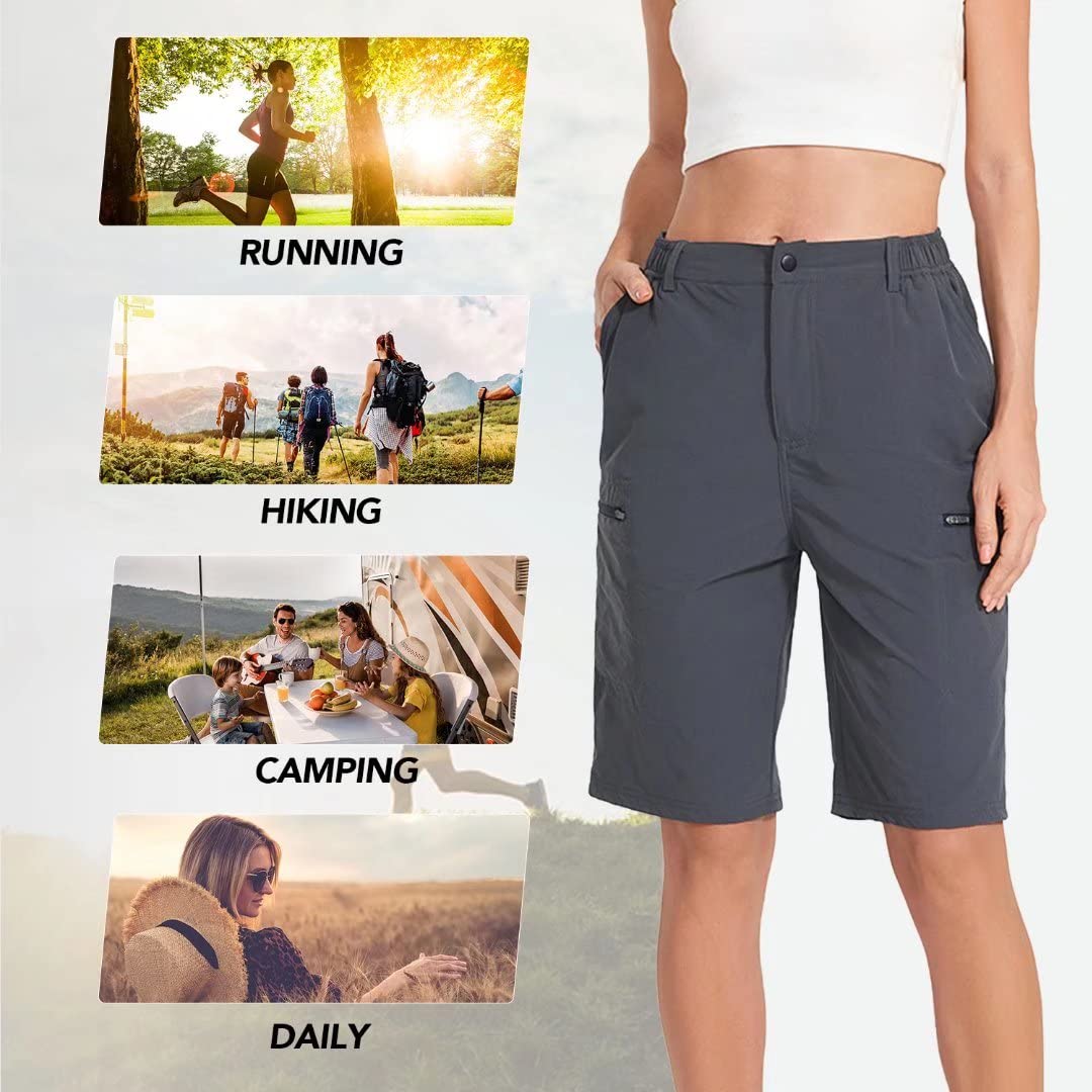 MONSTER VALLEY Women's Hiking Cargo Shorts 10" Lightweight Quick Dry Summer Bermuda Golf Shorts Outdoor Travel Water Resistant, Grey, Large