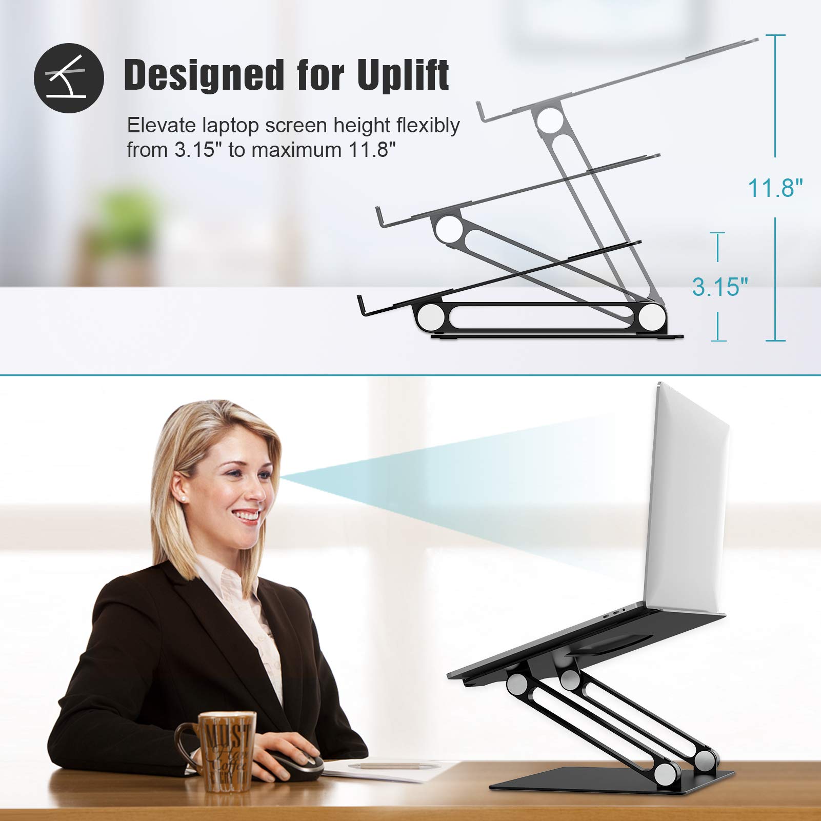 Laptop Stand, Ergonomic Adjustable Notebook Stand, Aluminum Portable Computer Riser with Heat-Vent Foldable Desktop Laptop Holder Compatible with MacBook Air Pro, All 10 to 17 Inch Laptops(Black)