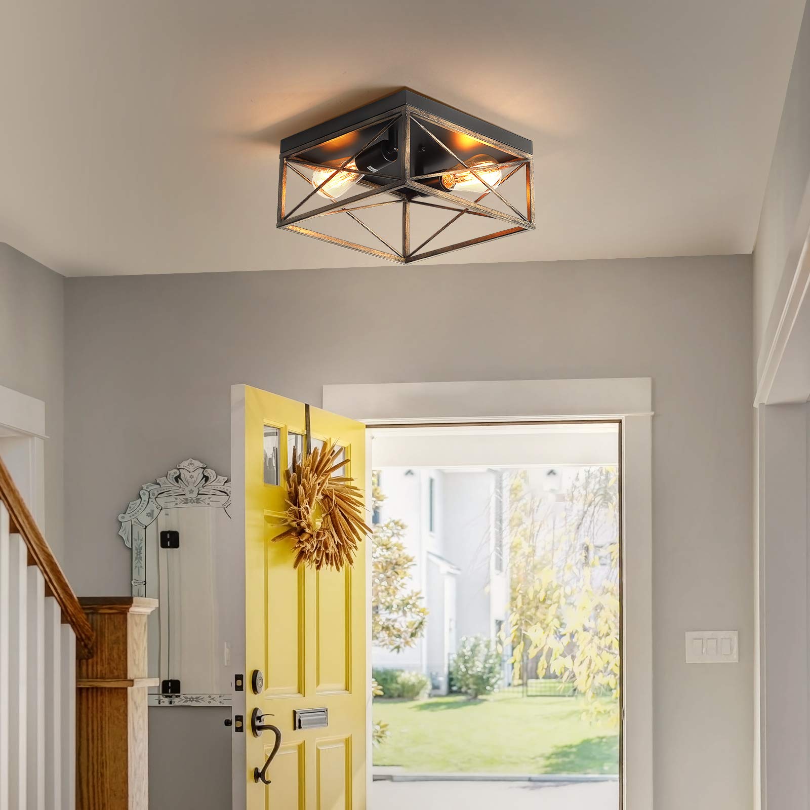 KDG Flush Mount Industrial Ceiling Light ,Adjustable,with Square Metal Cage Shade Ceiling Lighting for Entry Hallway Bedroom Bathroom.2 Lights,Faux Wood Finish