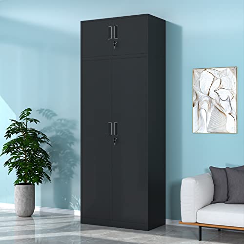 JINKUR Metal Storage Cabinet with Locking Doors and 4 Adjustable Shelves, 86.6-Inch Extra Tall Lockable Steel Storage Cabinets for Home Office Garage Kitchen Pantry (Black)