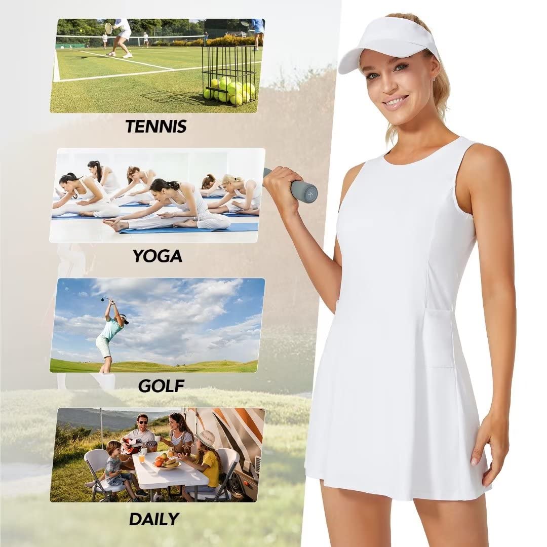 MONSTER VALLEY Women Exercise Workout Dresses Athletic Dress Sleeveless Built-in with Shorts Pockets Golf Tennis Dresses, White, Large