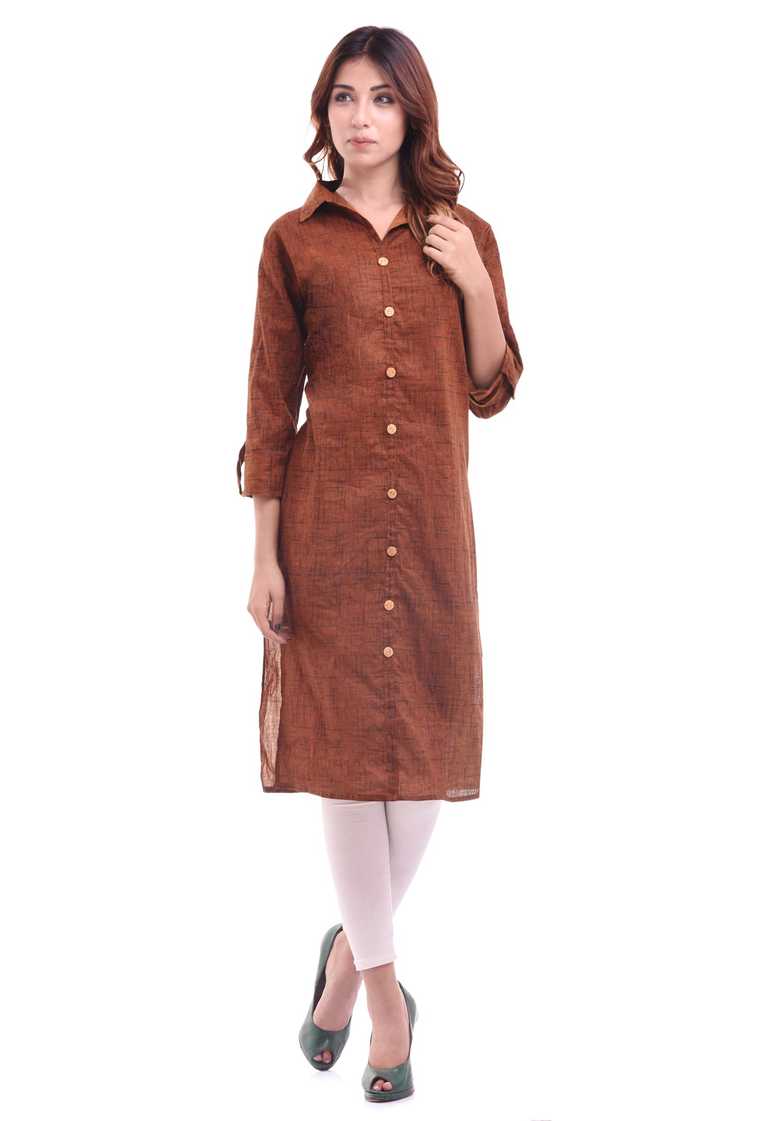Indian Women's Printed Cotton Kurti Brown Top By Chichi, Large