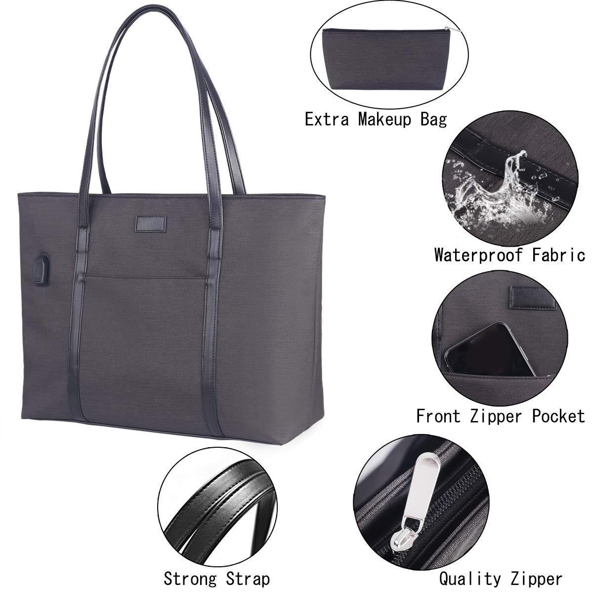 Laptop Tote Purse Large, Business Women Work Bag Teacher Tote Bag Many Pockets (L-Black)