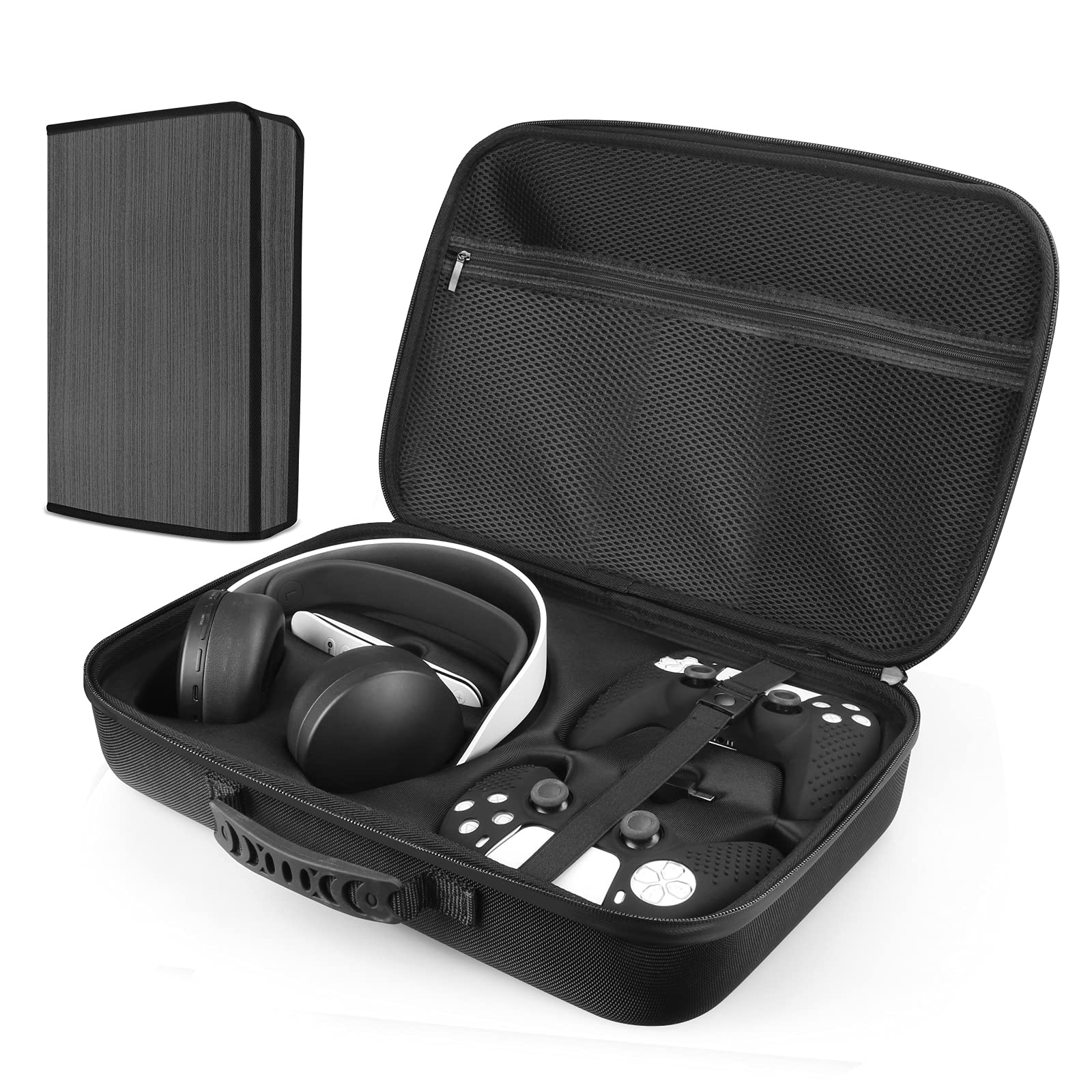 MASiKEN 4-IN-1 PS5 Accessories, Controller Skin, Console Dust Cover, Headset Carrying Case, Travel Case Fit Official 2 Controllers, Headset Pulse 3D, Remote, Bundle Waterproof, Anti Shock (Black)
