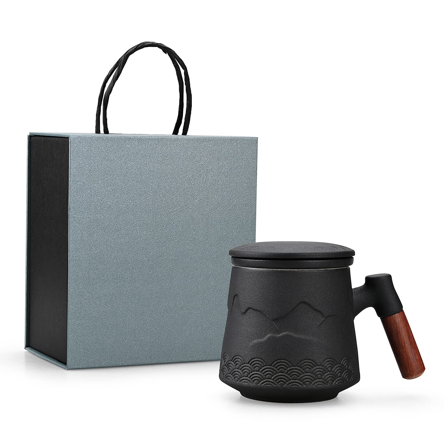 NCQIXIAO Tea Cup with Infuser and Lid, Gradual Mountain and Spray Tea Mug Cups with Infuser, Wood Handle Ceramic Coffee Mug with Lid Tea 430ml/14.50 OZ (Black)