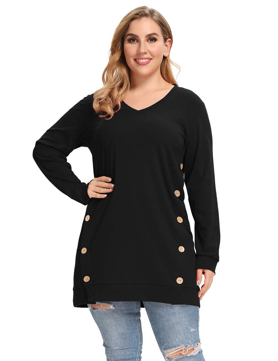 LARACE Plus Size Sweatshirts For Women Tops V-neck Side Split Button Up Shirts Long Sleeve Lightweight T-shirts(Black M)