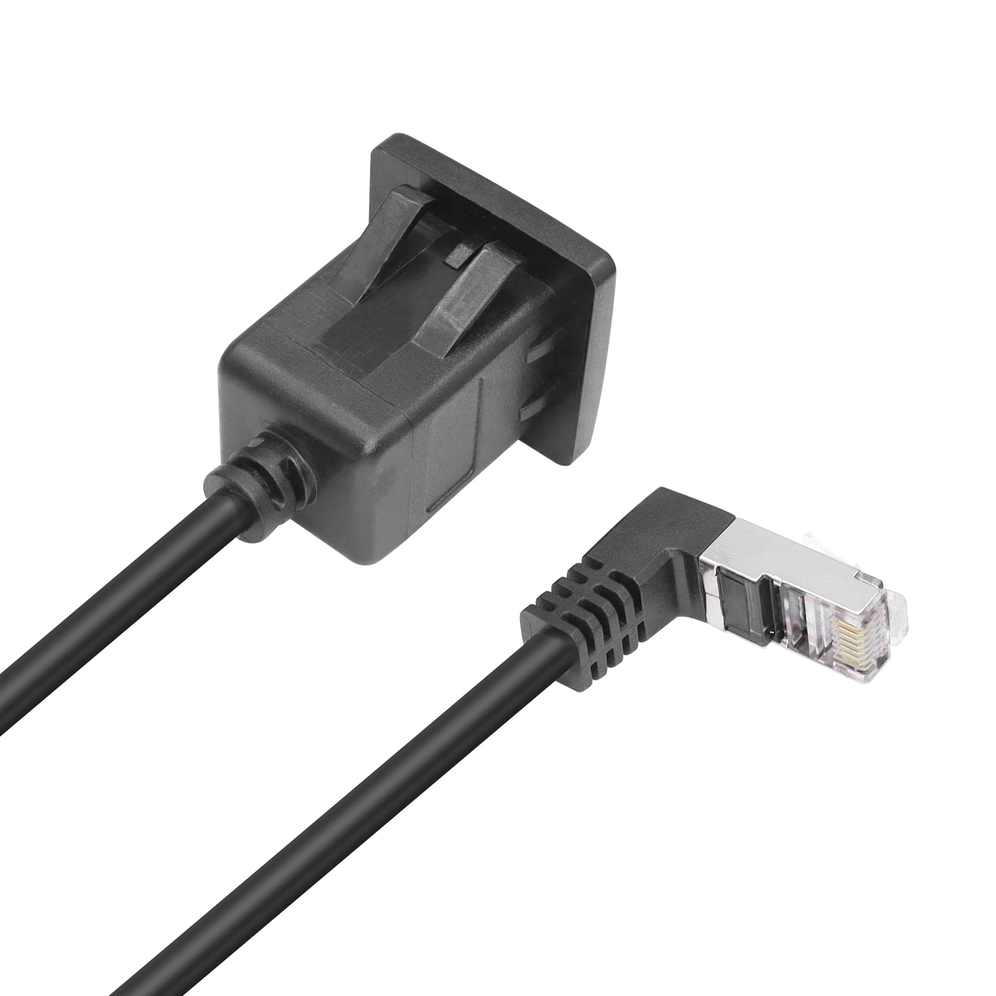 RIIEYOCA RJ45 Network Extension Cable, 90 Degree Up Angle Male to Female LAN Ethernet Cat 5e Panel Mount Cable, Black (1m)