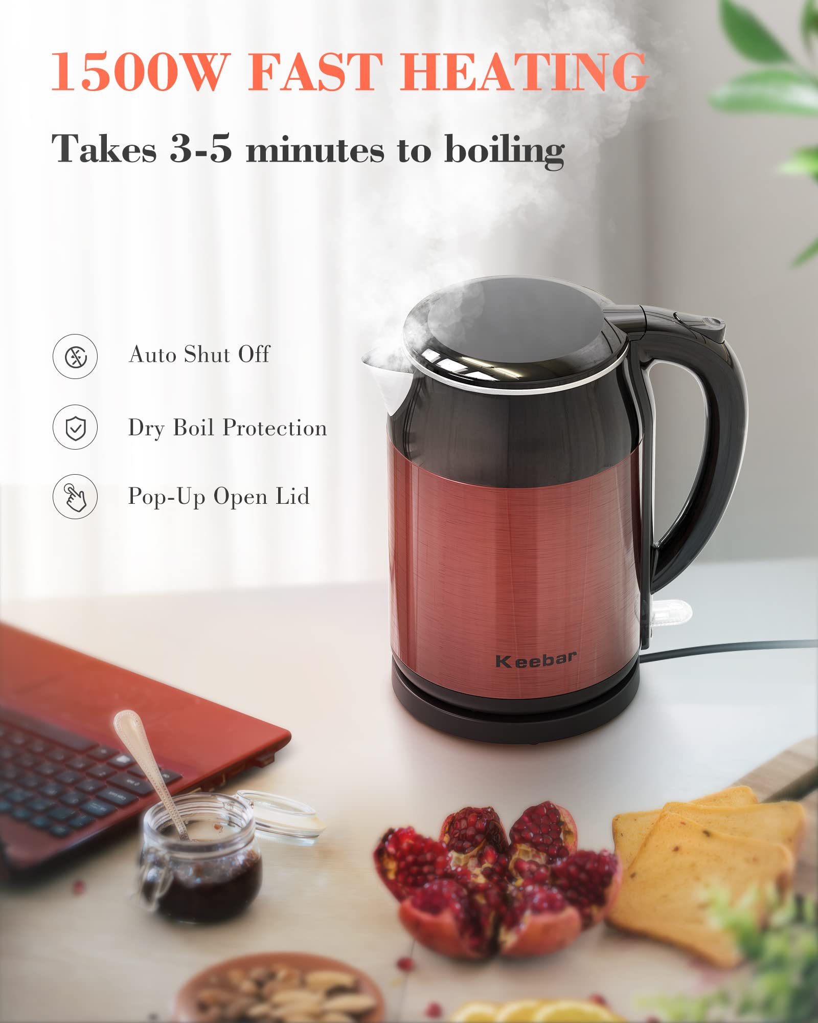 KEEBAR Electric Tea Kettle, Stainless Steel, 1.8L, Double Wall Cool Touch, 1500W Hot Water Boiler for Coffee & Tea, Auto Shut-Off & Boil Dry Protection