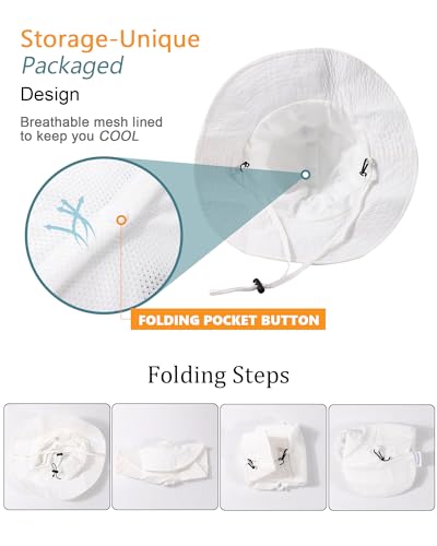 Waterproof Sun UPF 50+ Bucket Hat UV Protection Packable Brimmed Boonie for Women Men Summer Lightweight Hiking Outdoor Cap White