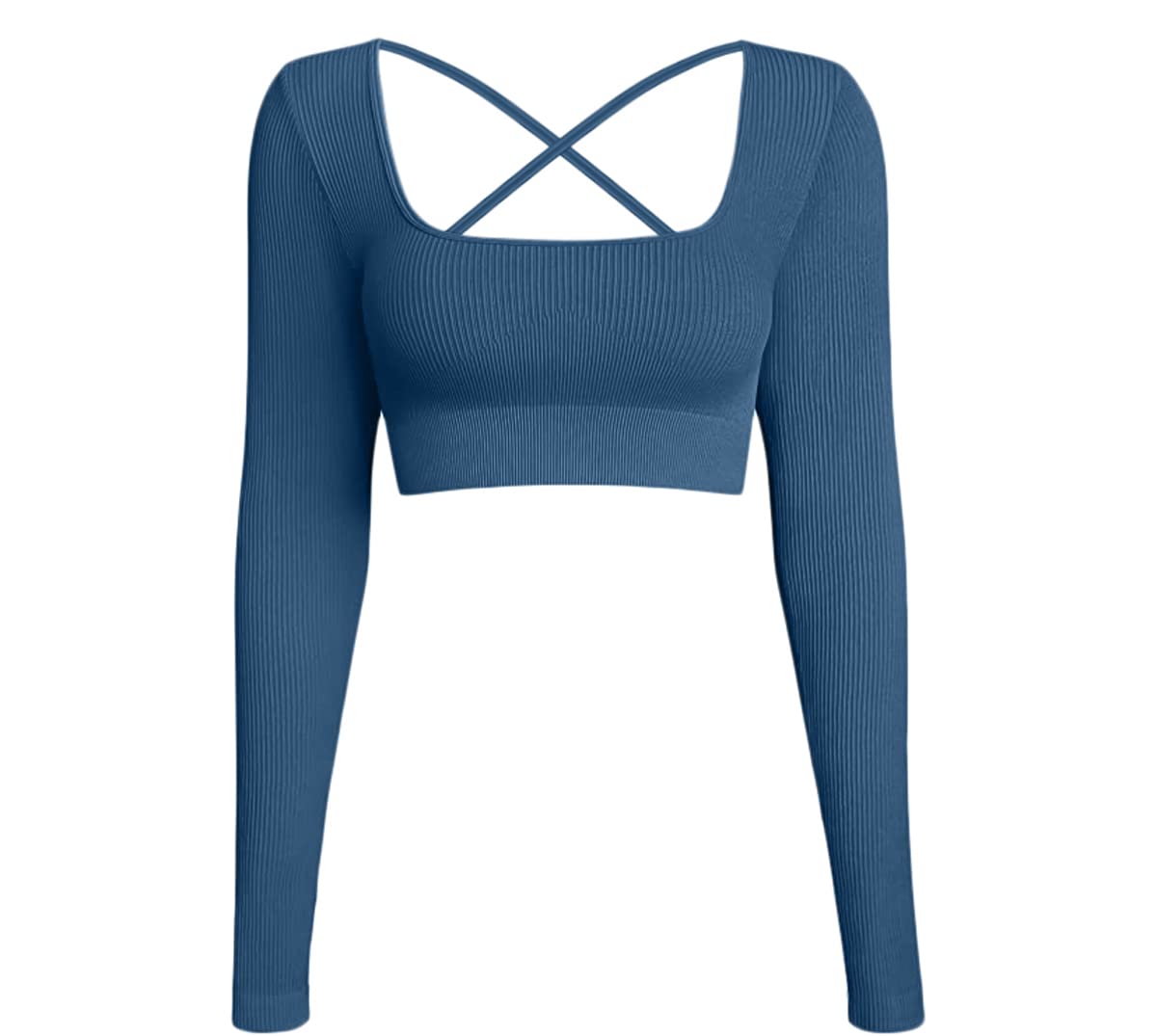 QINSEN Women's Long Sleeve Seamless Workout Shirts Square Neck Ribbed Yoga Cropped Gym Tops Dark Blue L