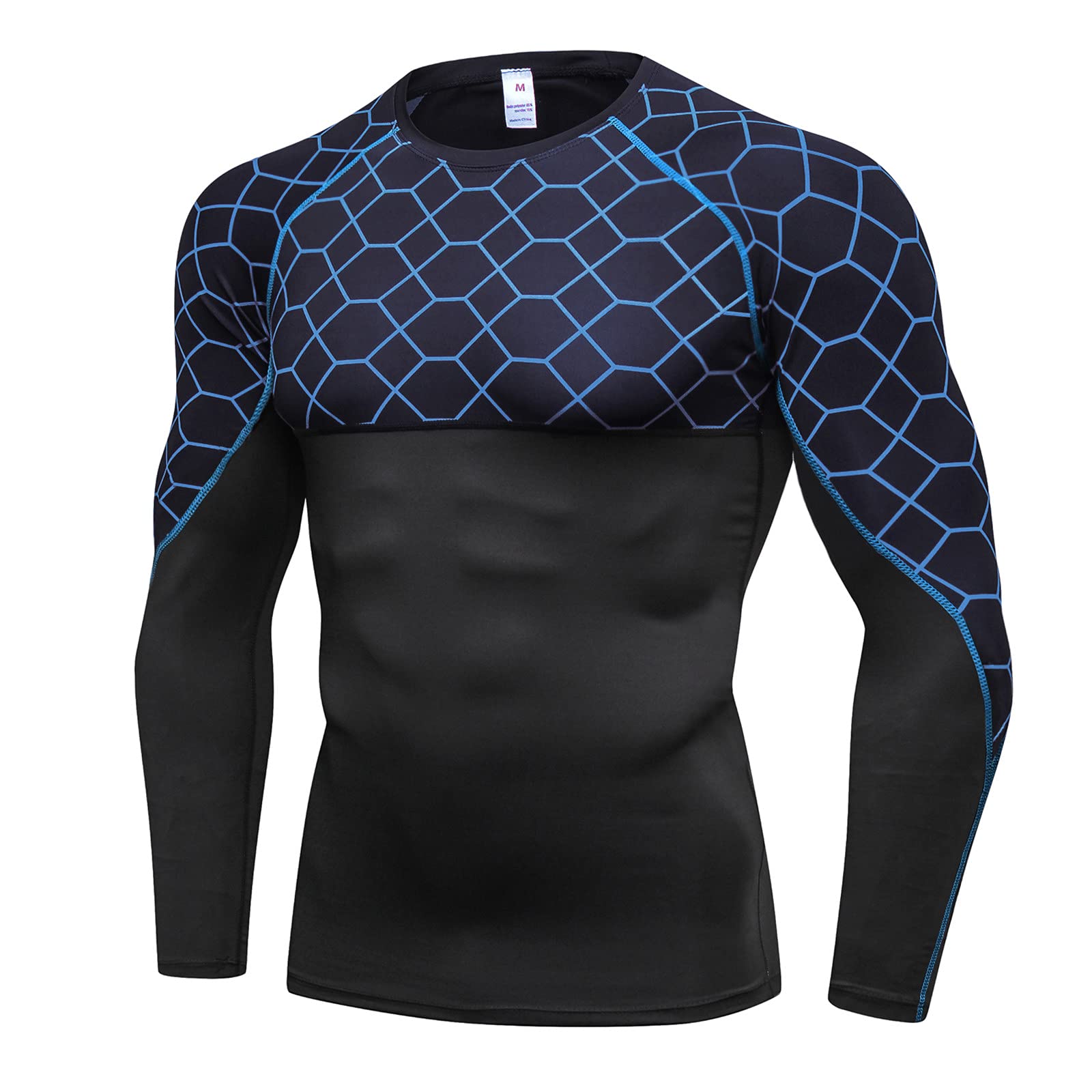 Men's Compression Shirts Cool Dry Sport Pullover Workout Long Sleeve Tunic Tee Shirt Muscle Baselayer Running Gym Tops Blue