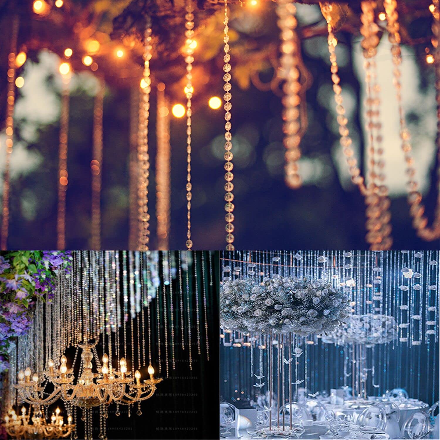 Jishi 99ft Crystal Beads Garland Strand, Iridescent Clear Acrylic Diamond Beads String Roll for Crafts, Beaded Curtains, Wedding Party Decorations, Plastic Crystal Garland for Christmas Tree Ornaments