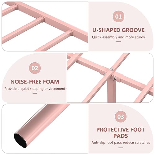 VECELO Queen Size Bed Frame with Headboard and Footboard, Heavy Duty Metal Slat Support, Platform Mattress Foundation, No Box Spring Needed, Easy Assembly, Pink