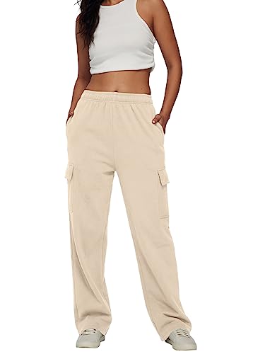 Womens Fleece Cargo Sweatpants Y2K Baggy Fleece Elastic Parachute Pants Fall Outfits Gym Lounge Trousers with Pockets Apricot