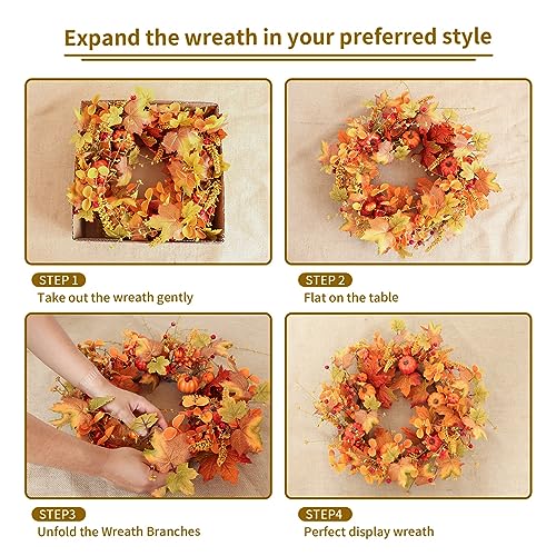 Yawwind 20 inch Fall Wreath Artificial Autumn Wreath with Orange Maple Leaves Pumpkin and Berry Harvest Wreath Thanksgiving Farmhouse Fall Wreaths for Front Door
