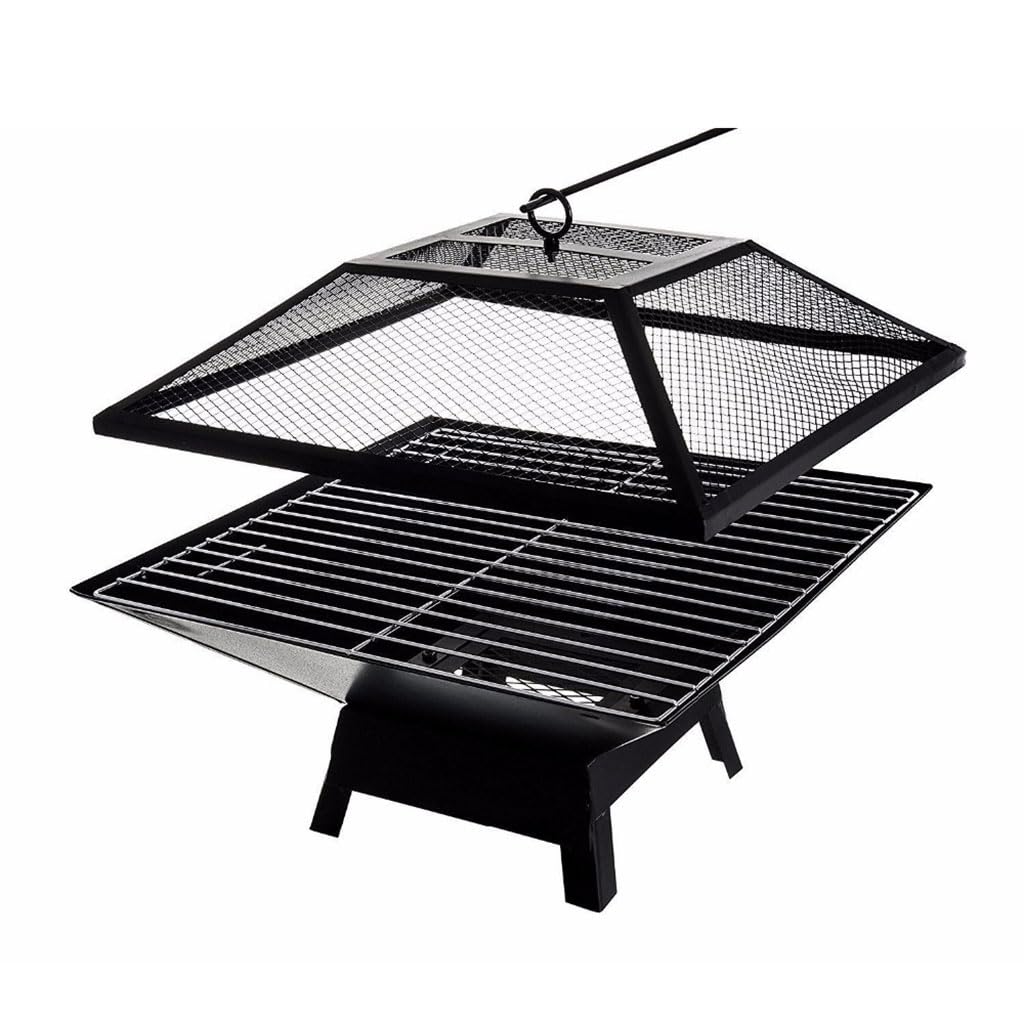 HOYOC 19" Portable Propane Fire Pit for Camping Wood Fire Pit with Cooking Grill Metal Outdoor Fire Pit Table Multiuse Square Patio BBQ Firepit for Patio Backyard Garden Picnic Bonfire Camping