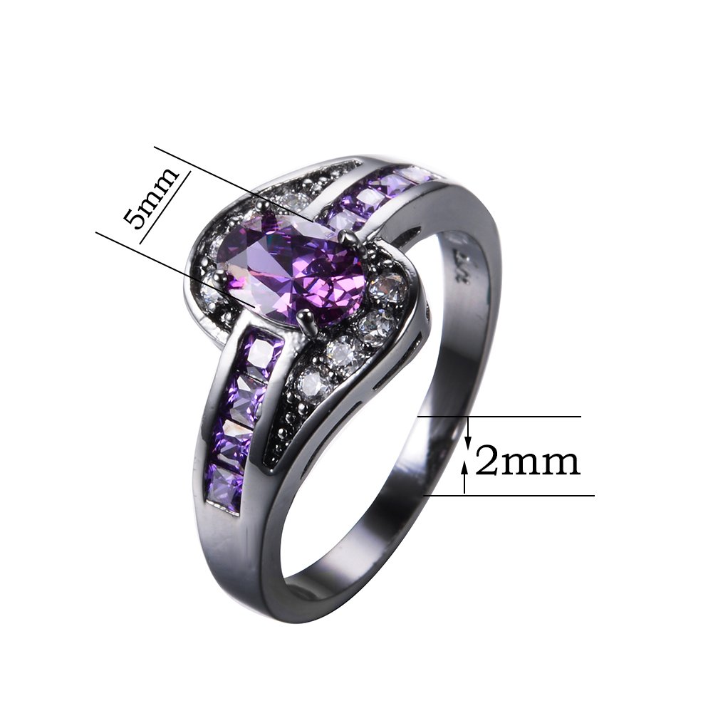 JunXin New Three 10KT Black Gold Wave Ring, Womans Wedding and engagement purple Cz Rings. size 7(purple Cz)