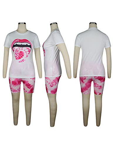 KANSOON 2 Piece Outfits for Women Summer Lips Print Short Sleeve T- Shirts and Shorts Tracksuit Set Lips-Pink S