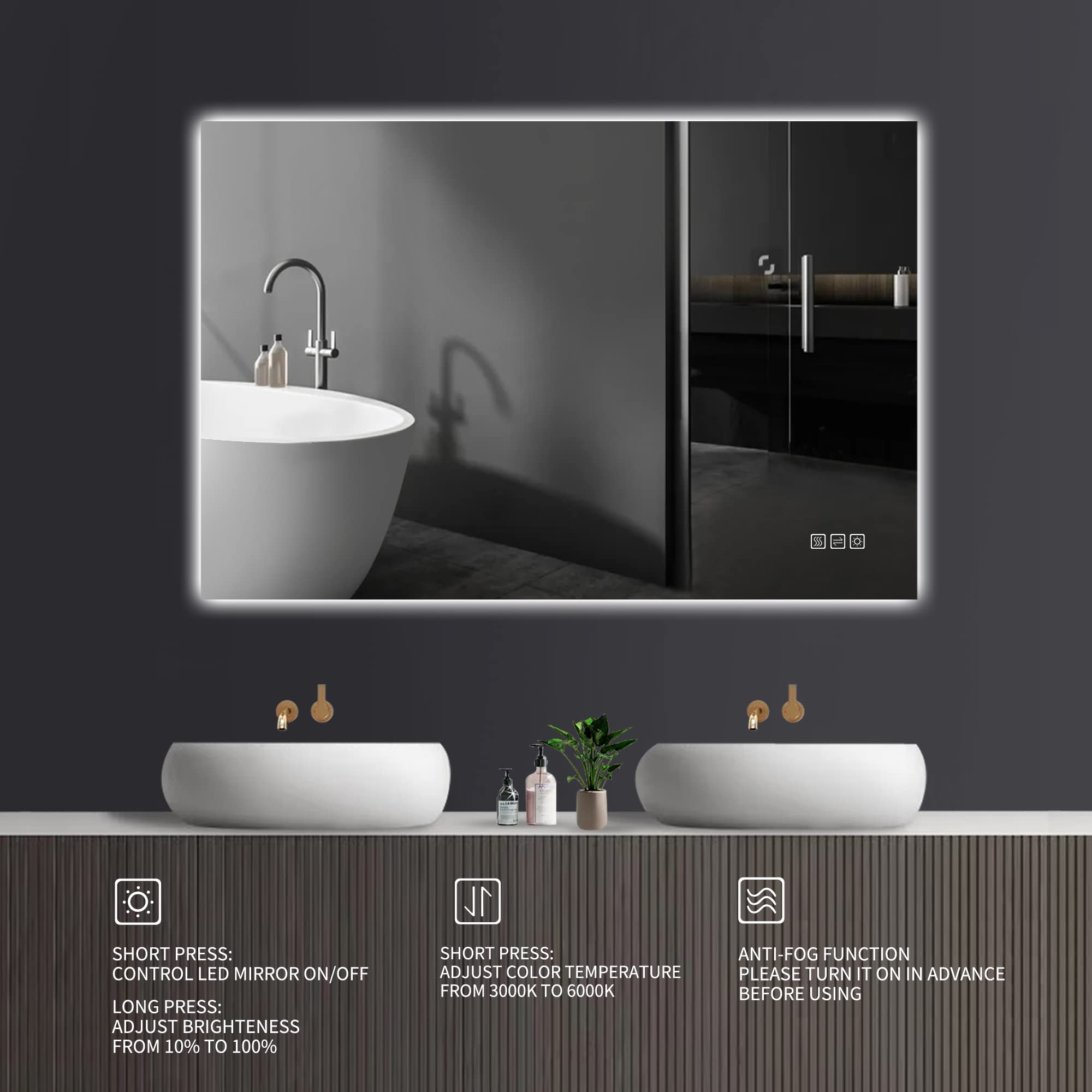 KEECKA 24x36 Inch LED Bathroom Mirror with Lights,Backlit, Anti-Fog Wall Mounted Dimmable Lighted Bathroom Mirror,3-Color Warm/Natural/White High(Vertical & Horizontal)
