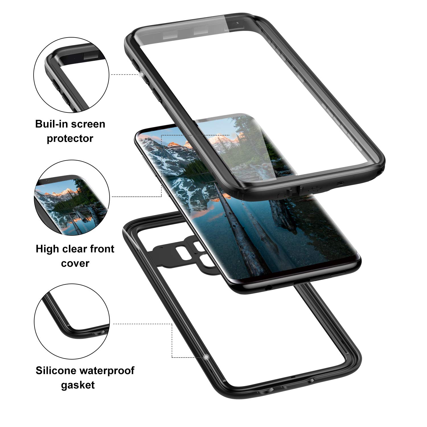 Janazan Samsung Galaxy S9+ Plus Waterproof Case, IP68 Full Sealed Underwater Protective Cover, Waterproof Shockproof Snowproof Dirtproof with Built-in Screen Protector 6.2 inch 2018 (Black)
