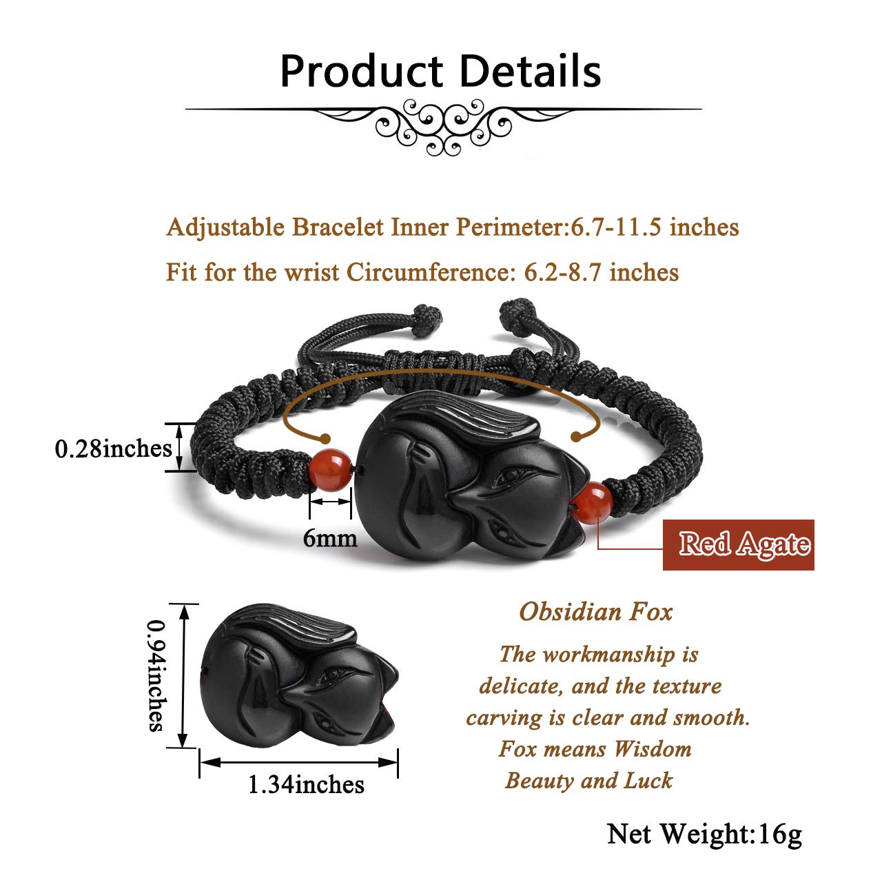 Jovivi Natural Black Obsidian Stone Gemstone Fox Crystal Bracelet Braided Rope Amulet Charm Bracelet for Wealth
