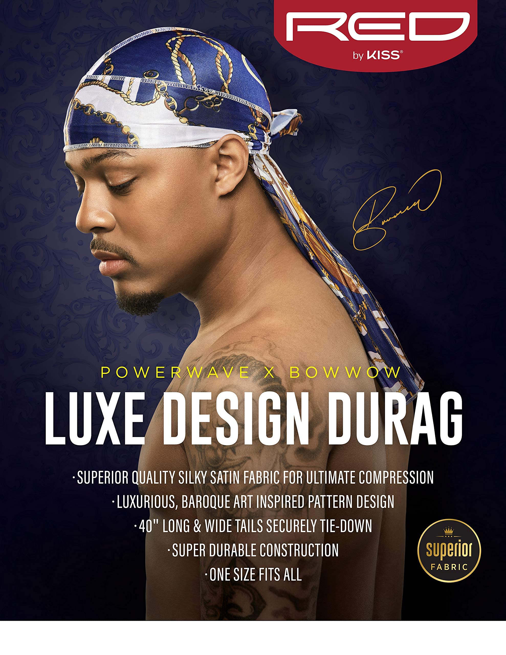 KISS RED Bow Wow Power Wave Luxe Design Durag (Black Gold)