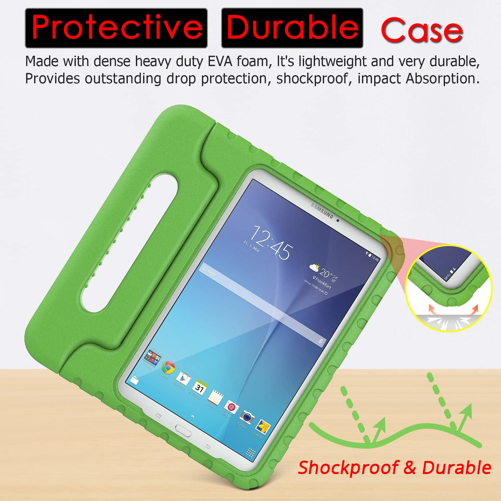 Viahoo Kids Case Cover for Samsung Galaxy Tab E 9.6-inch Released 2015 Tablet (SM-T560/T561/T565/SM-T567V) Kids Proof & Shockproof Foam Cover Protective Case Lightweight Durable, Green