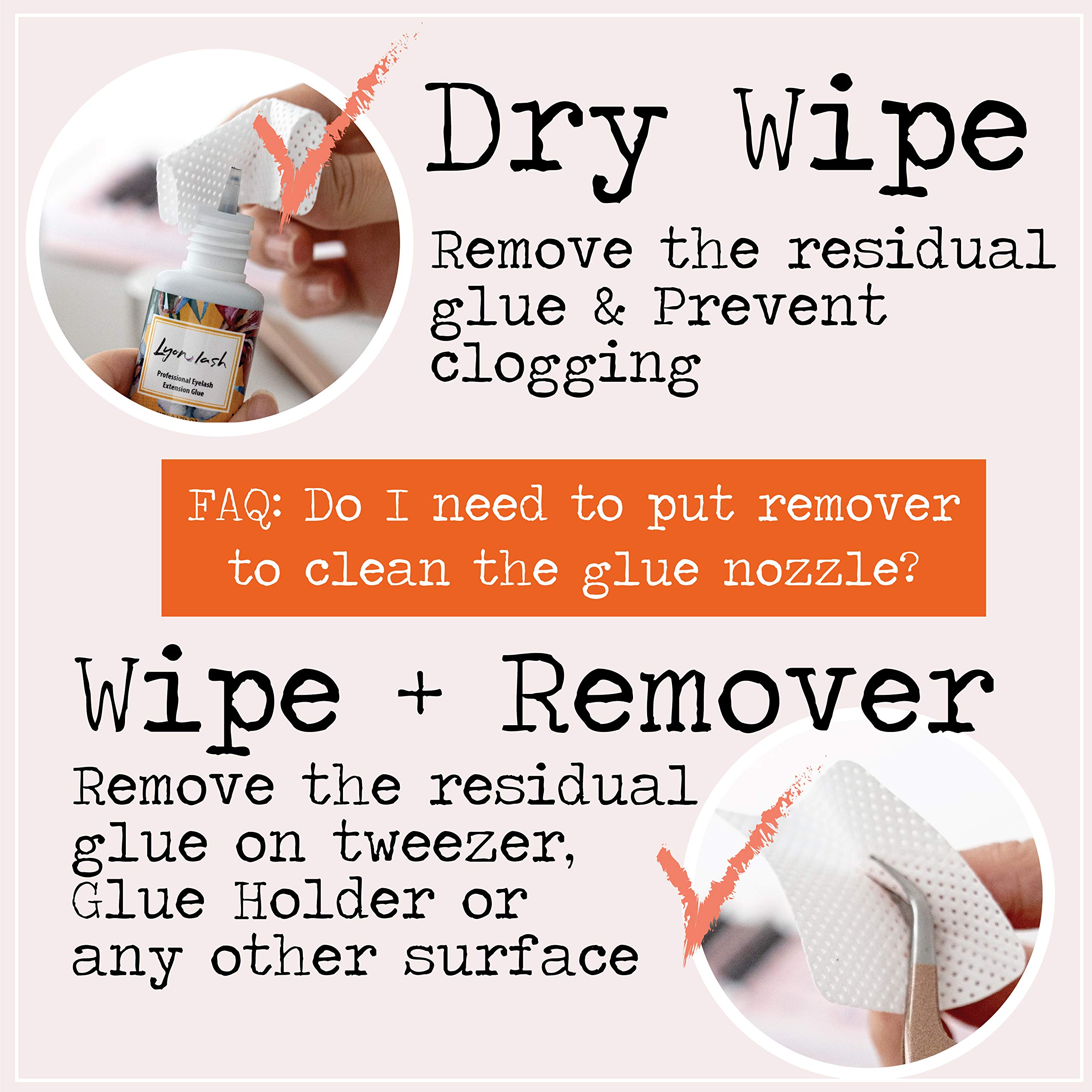 Lyon Lash Eyelash Extension Glue Adhesive Wipes 200 PCS | Glue Residue Remover Cleansing Pad Lint Free | Essential Lash Extensions Supplies Accessories Tools