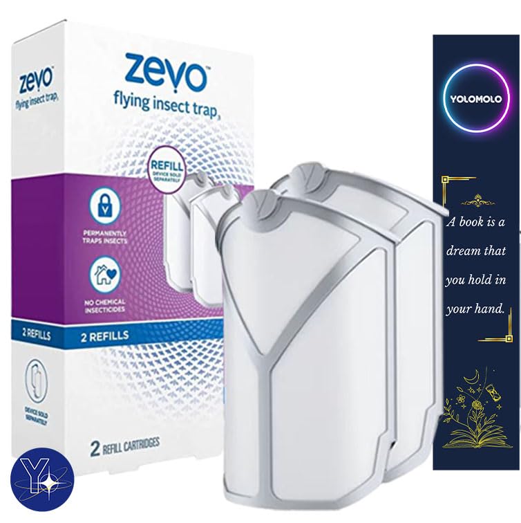 Zevo Flying Insect Trap, Fly Trap Refill Cartridge (2 Refill Cartridges) of YOLOMOLO with Gift Bookmark, White