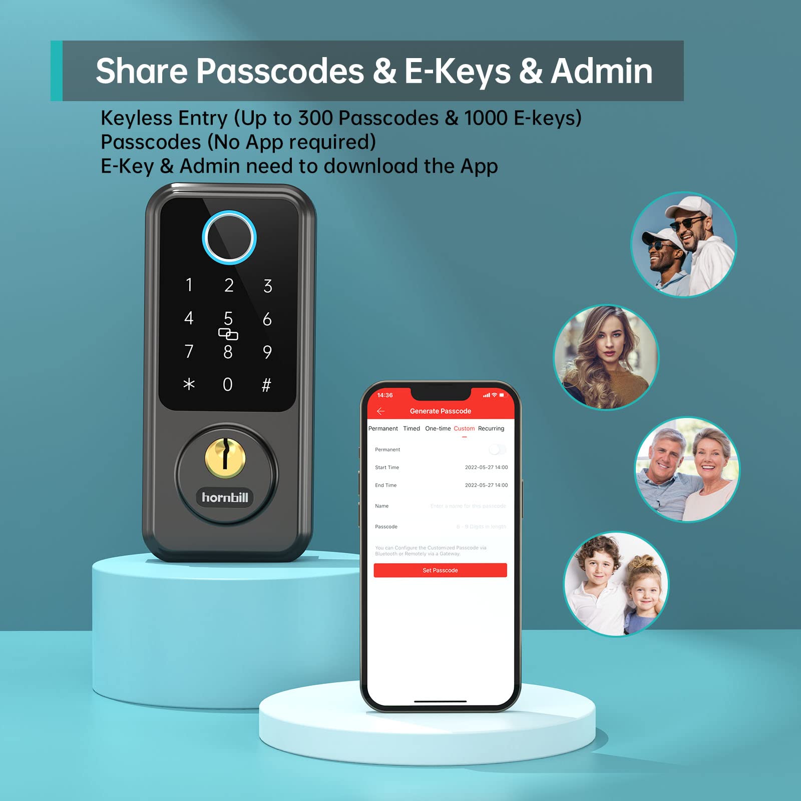 Hornbill Smart Lock with Front Door Handle Set - Keyless Entry Door Lock with Handleset - Smart Deadbolt Door Lock for Front Door - Bluetooth Door Lock with Keypad - Fingerprint Biometric Auto Lock