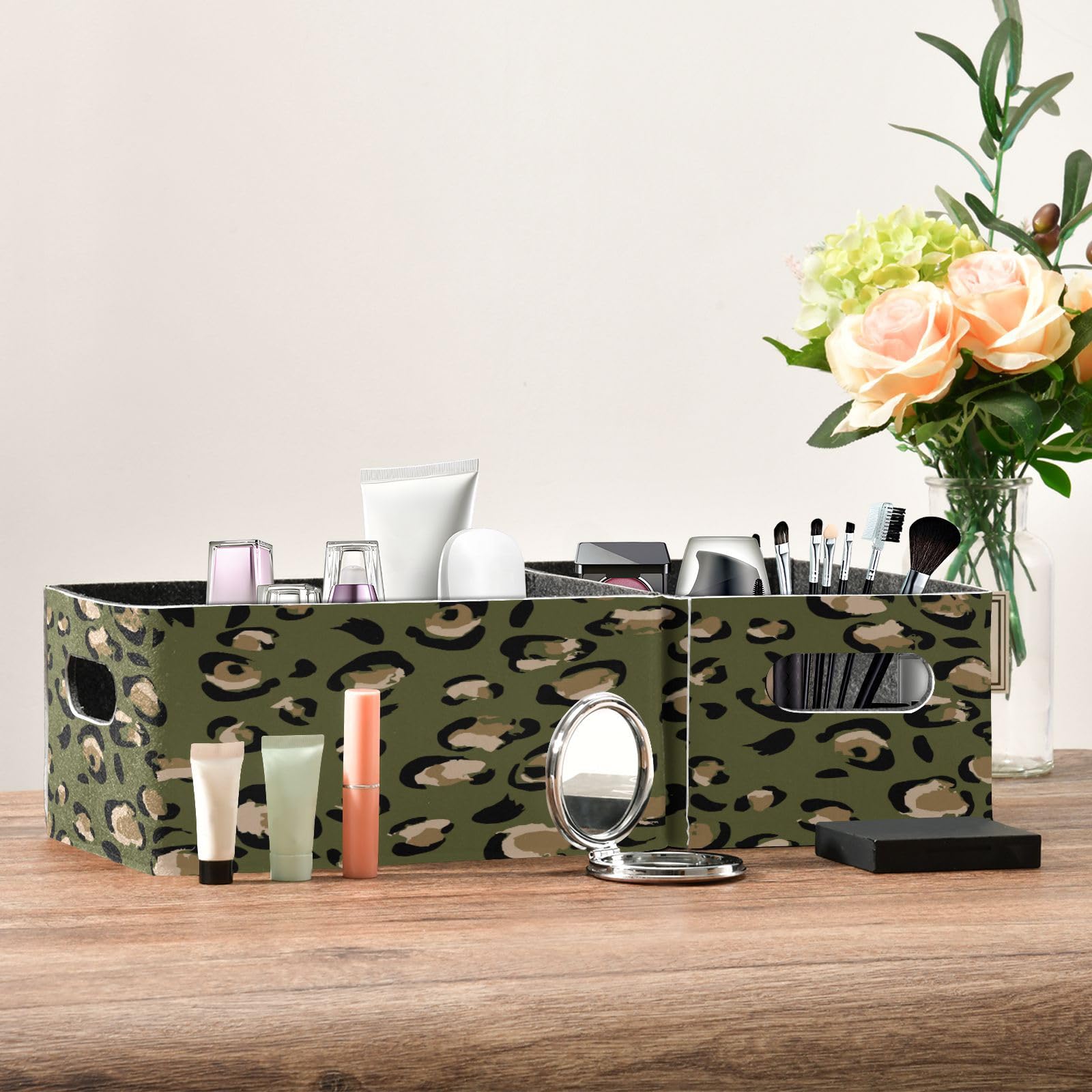 Kigai Hunter Green Leopard Storage Basket for Shelves, Foldable Open Storage Bins with Double Handle, Set of 2 Rectangular Felt Storage Organizer Boxes for Office Desk Home